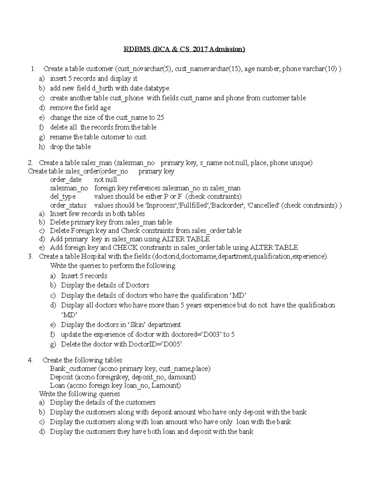 RDBMS Practical Questions for BCA & CS 2017 Admission - Studocu