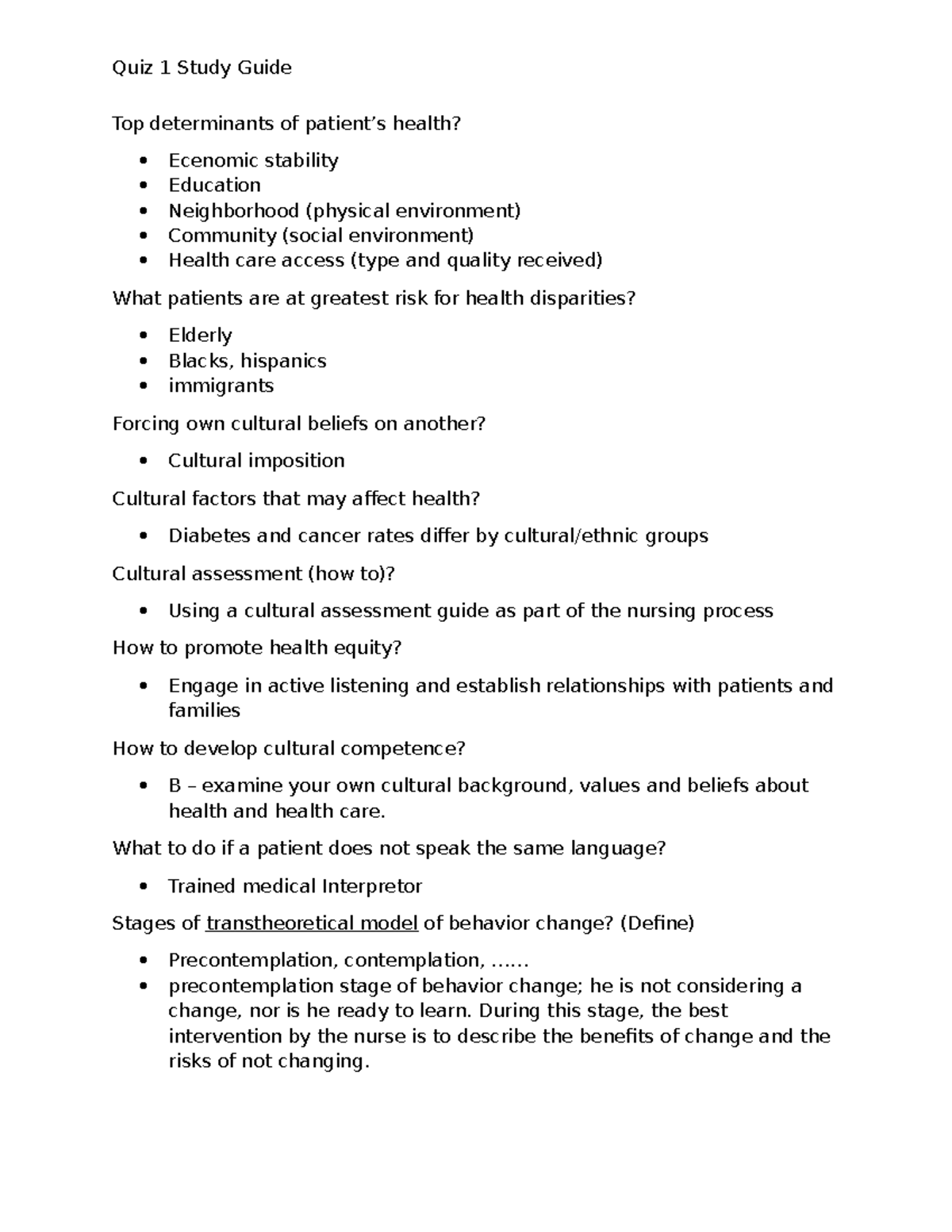 Quiz 1 Study Guide: Key Determinants of Health and Cultural Competence ...