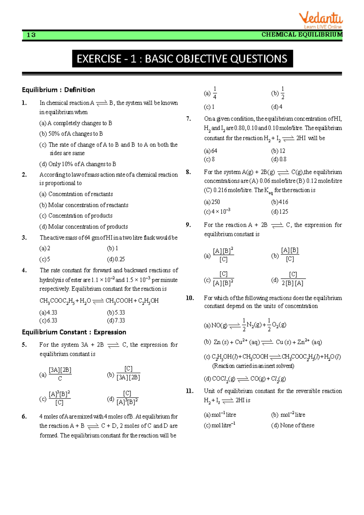 CH 8. Equilibrium Concepts Exercise and Objective Questions (Chem +1 ...