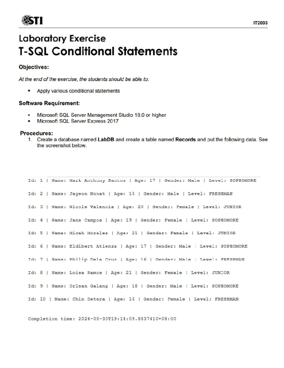 STI IT2003 Lab Exercise: Conditional Statements Overview & Data Setup - Studocu