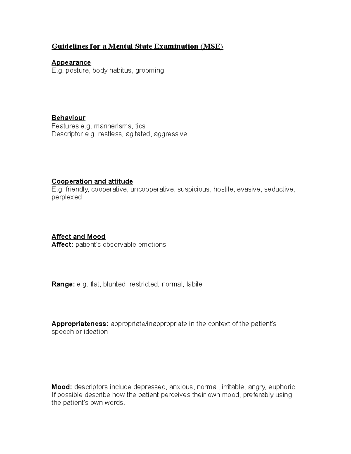 MSE Guidelines for Mental State Examination Assessment - Studocu