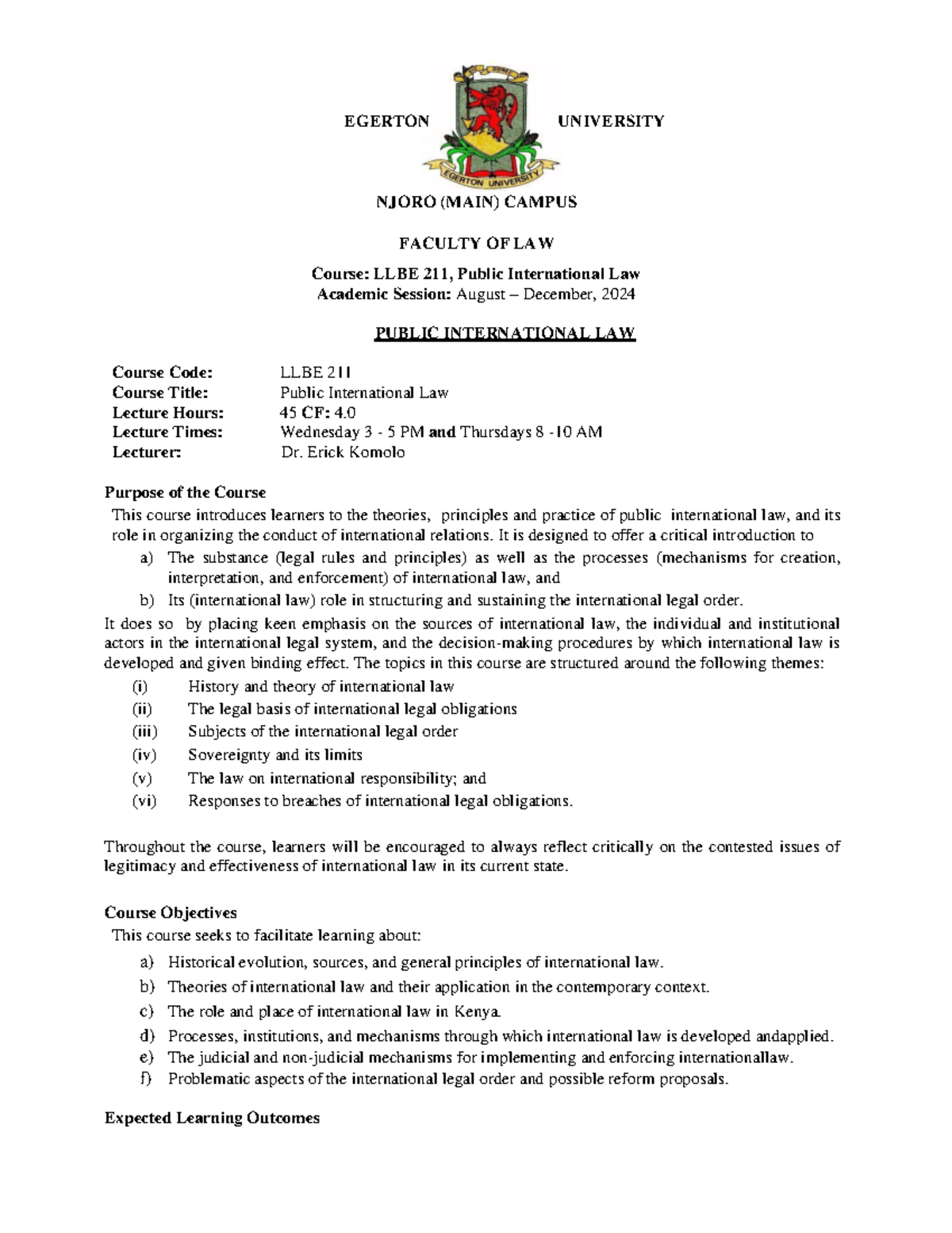 LLBE 211 Public International Law Course Outline - Egerton University ...