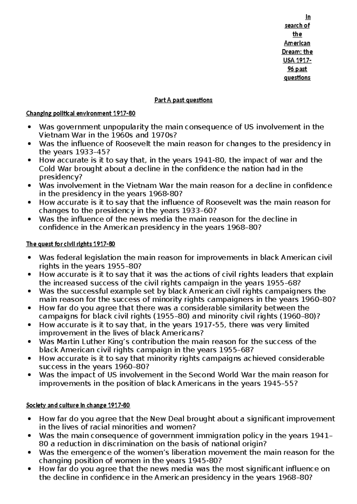 Past Questions on the USA 1917-96: The American Dream - Studocu