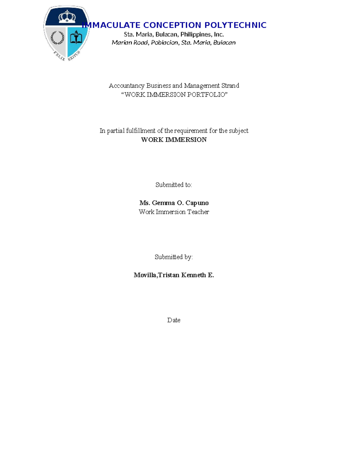 Work Immersion Portfolio for ABM 12-5 by Movilla, Tristan Kenneth E ...