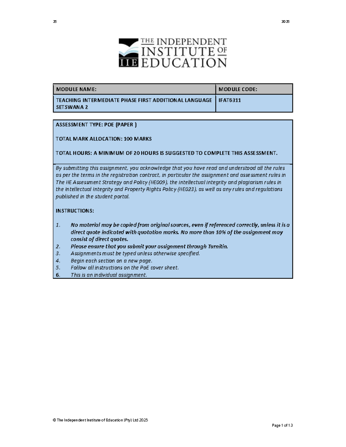 IFAT6311 POE: CBI Strategies for Teaching Setswana in Grade 6 - Studocu
