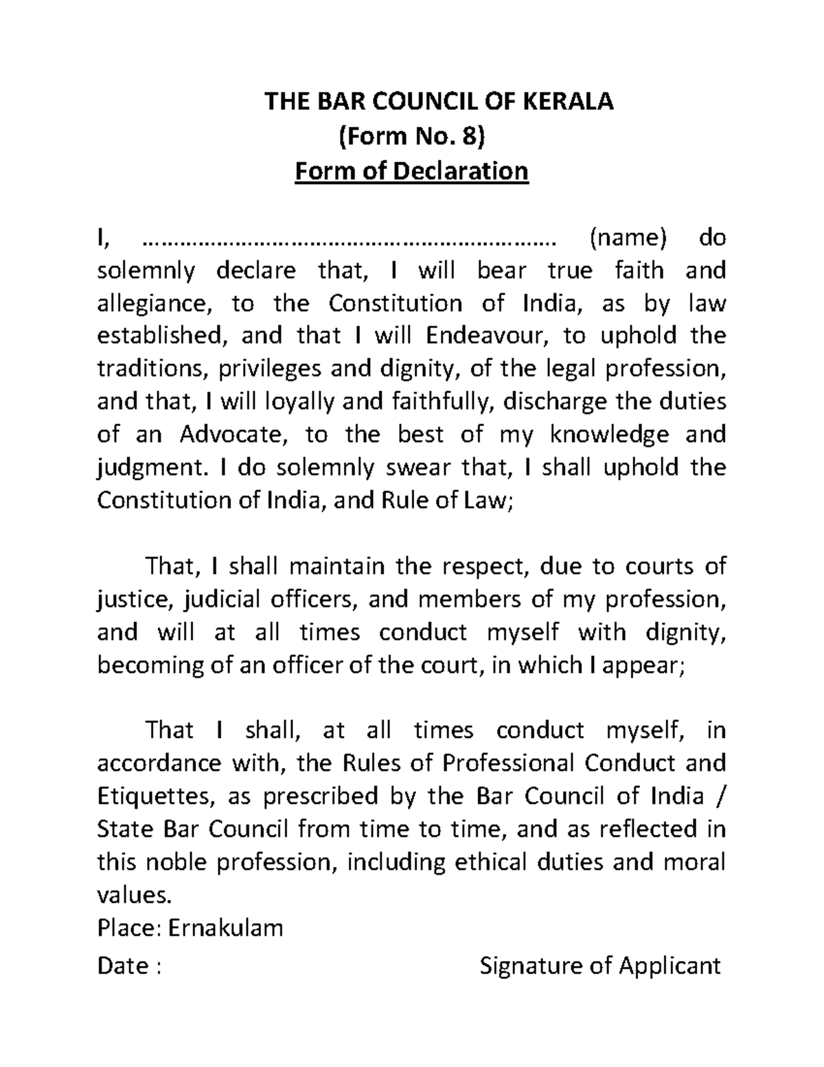 Oath of Enrolment - Bar Council of Kerala (Form No. 8) - Studocu