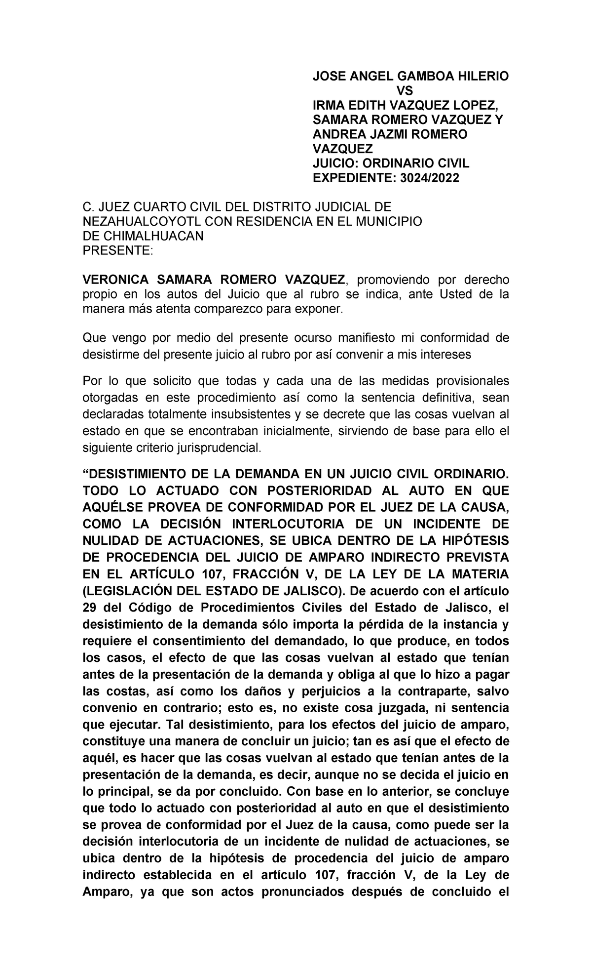Desistimiento en Juicio Civil Ordinario: JOSE ANGEL GAMBOA HILERIO ...