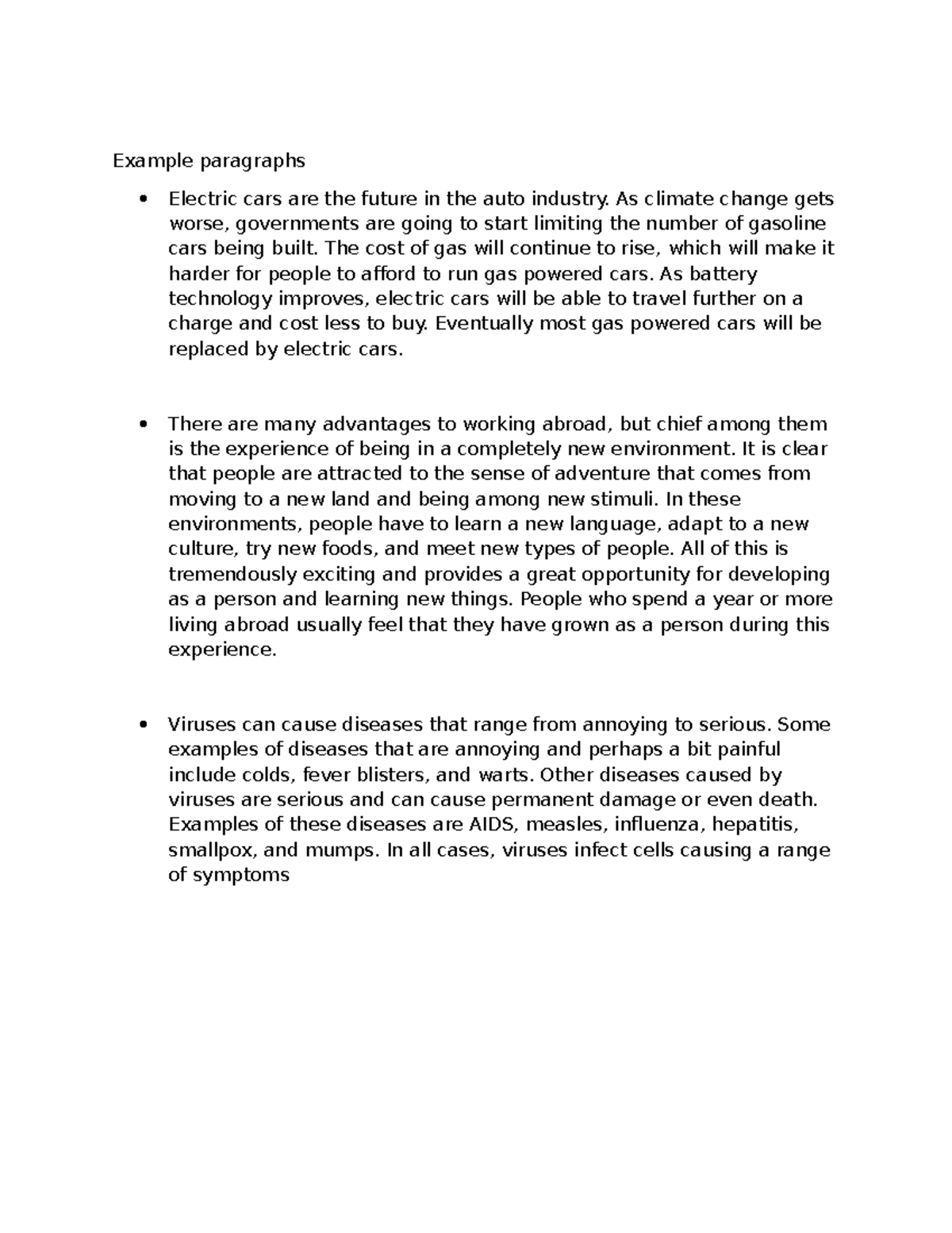 Paragraph Writing Examples: Electric Cars, Living Abroad, and Viruses ...