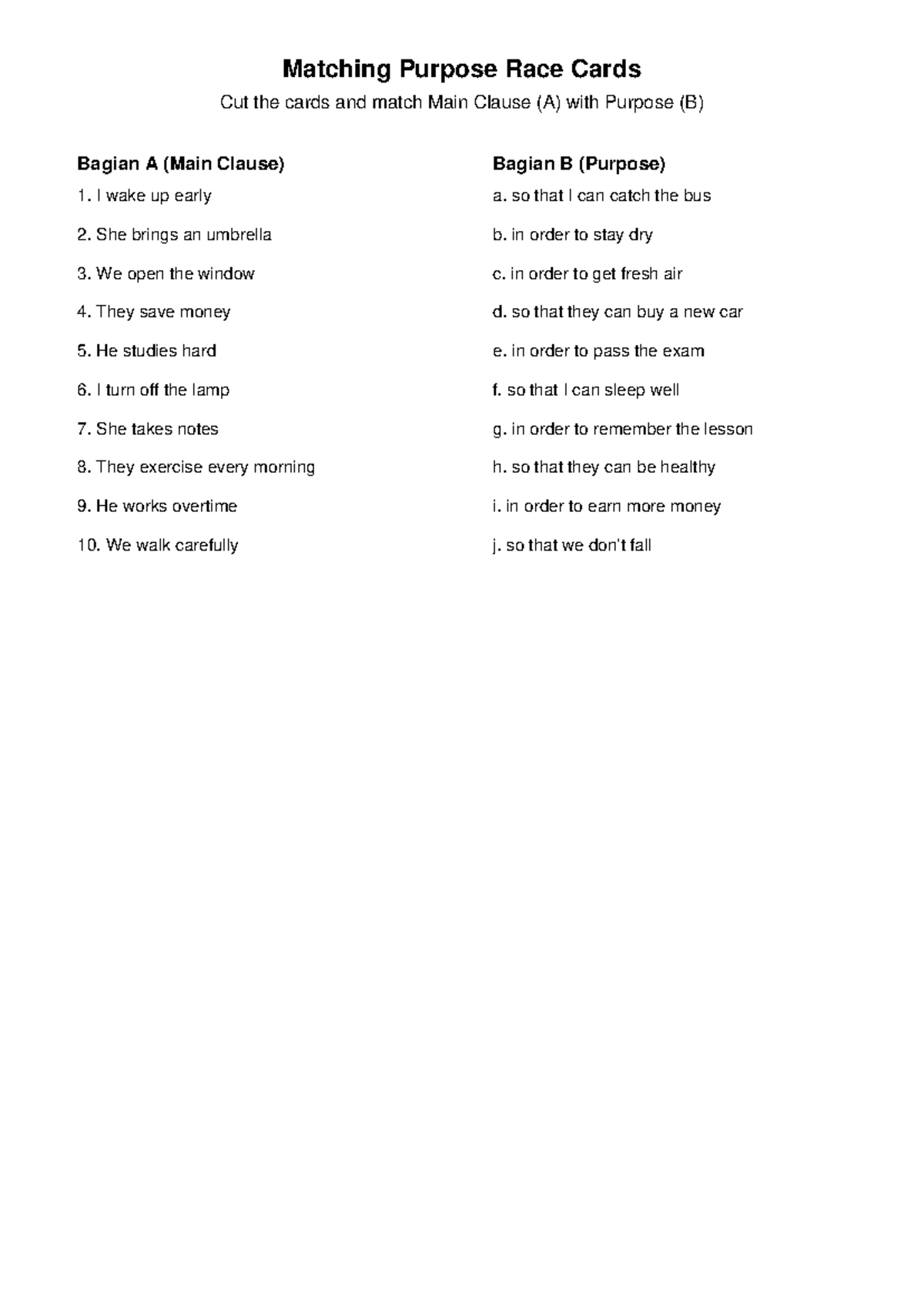 Matching Purpose Race Cards: Main Clause & Purpose Activities - Studocu