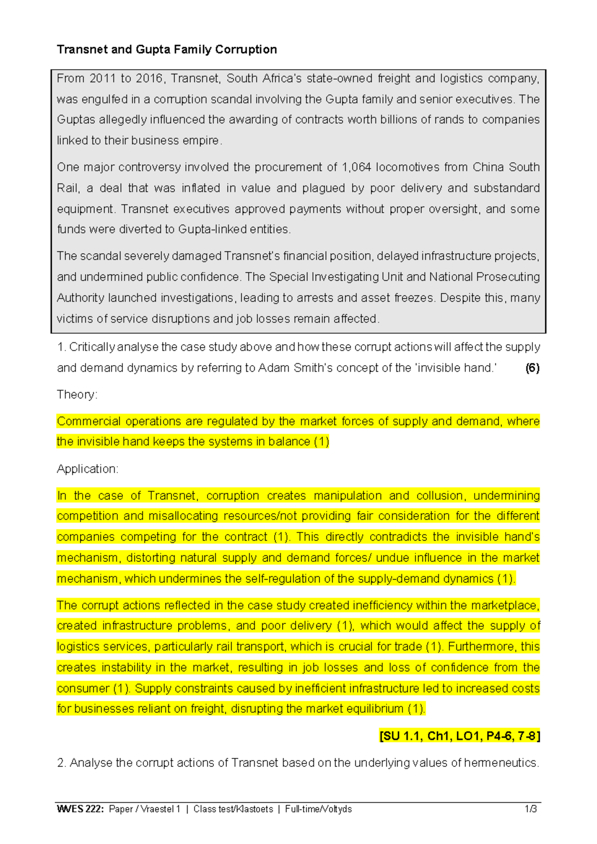 WVES 222 Class Test 1 - 2025 Memo: Transnet & Gupta Corruption Analysis ...