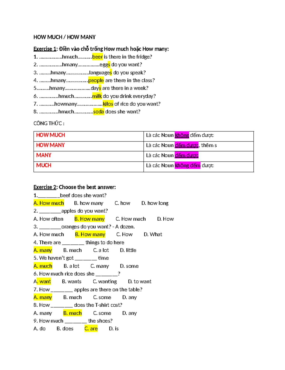 HOW MUCH / HOW MANY - Exercise & Practice Guide - Studocu