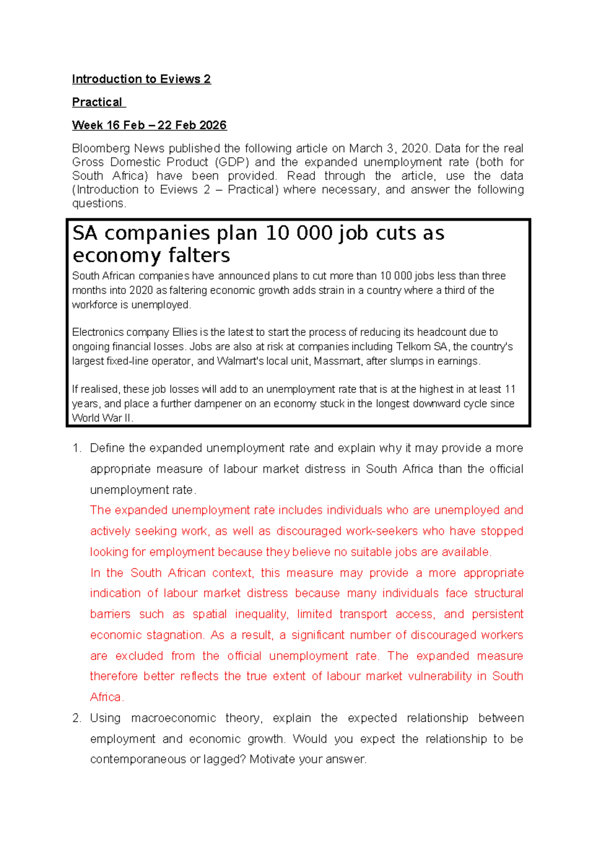 Intro to Eviews 2 Practical Memo: GDP & Unemployment Analysis - Studocu