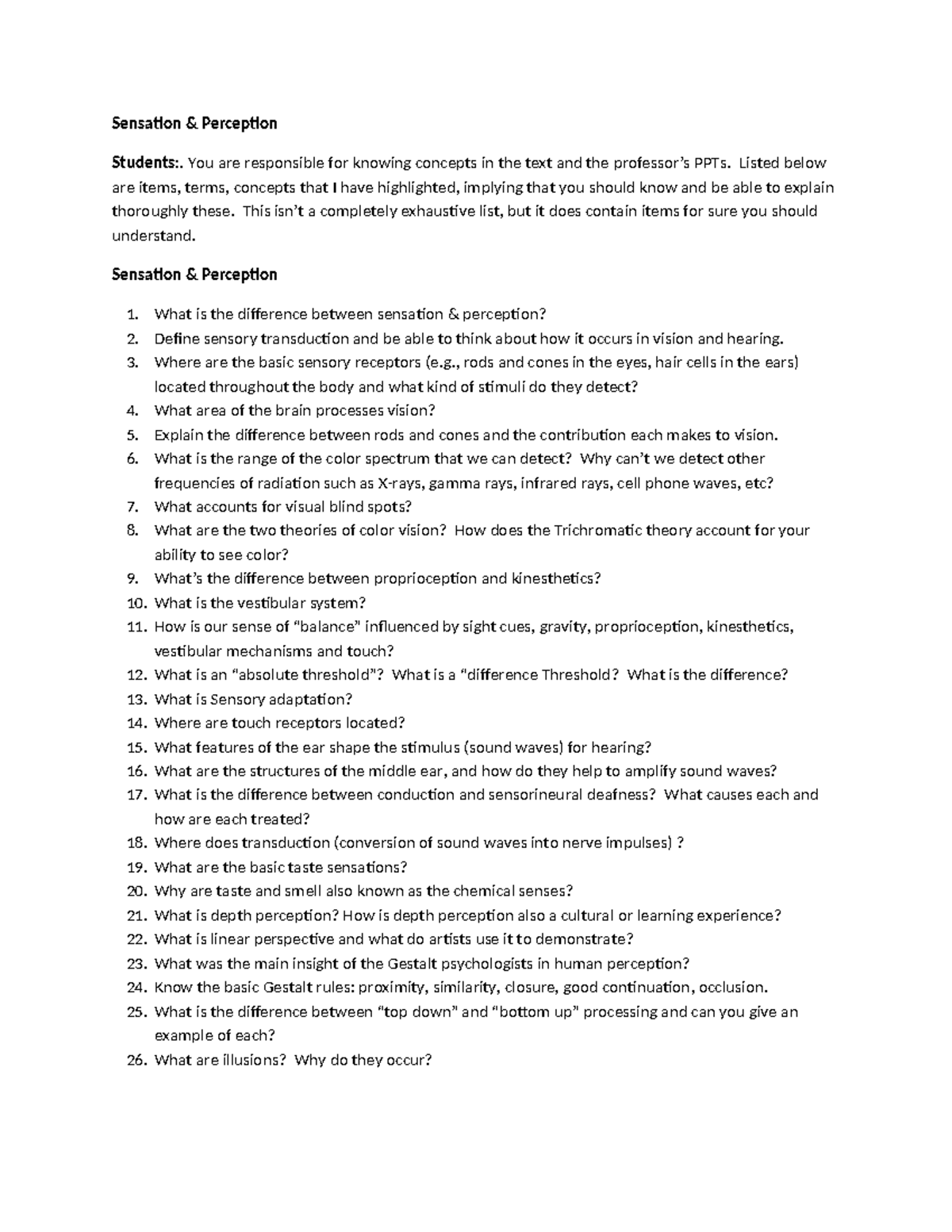 Sensation & Perception Study Guide for PSY101 Final Exam - Studocu
