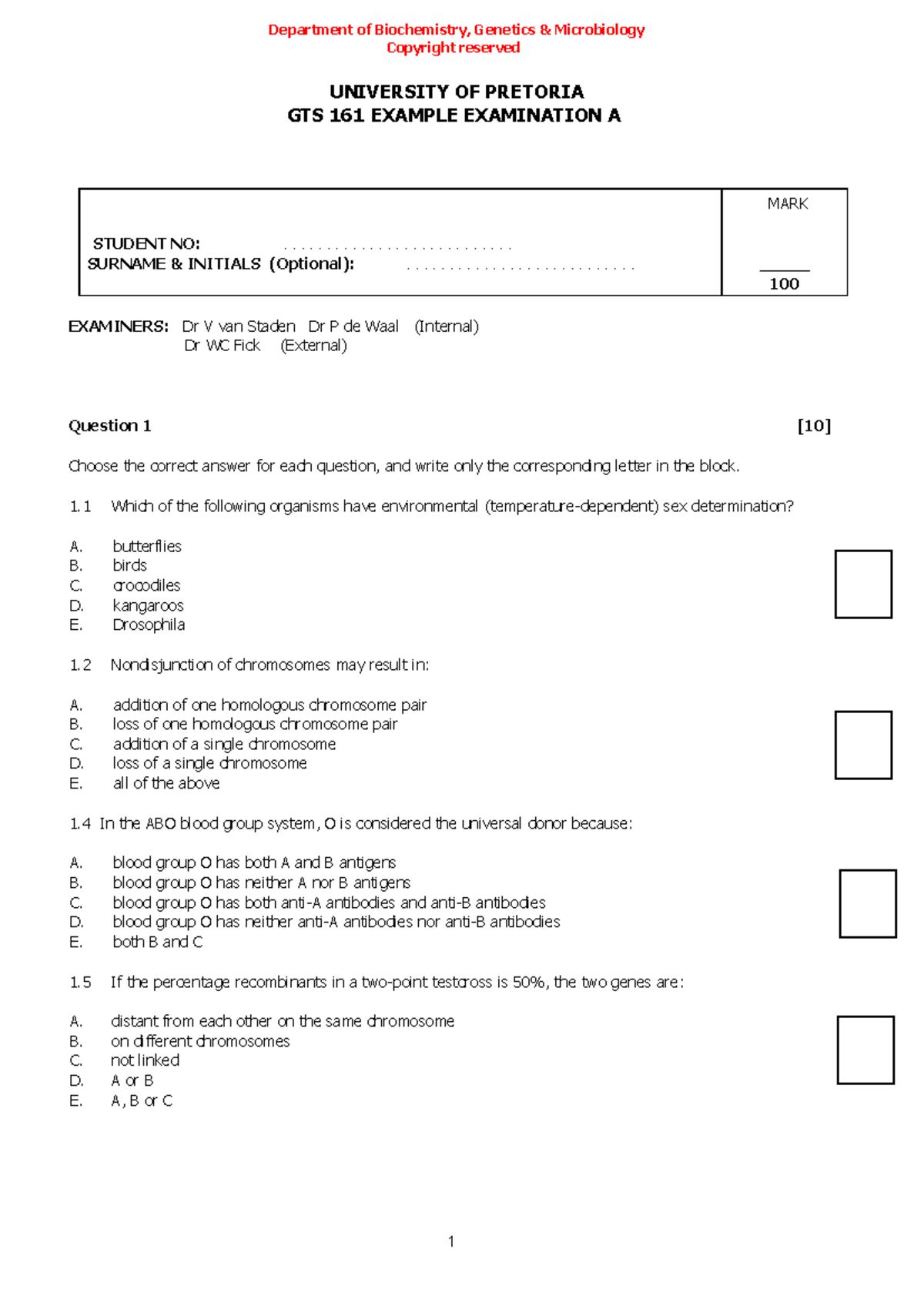 Example exam A - exam past paper - Copyright reserved UNIVERSITY OF ...