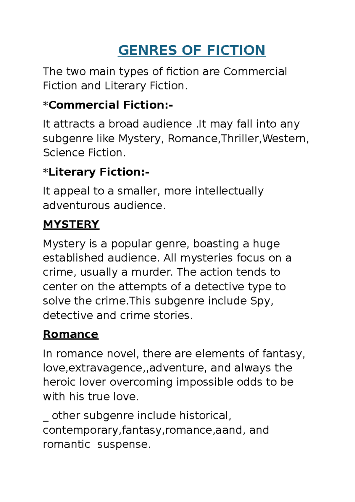 GENRES OF FICTION: An Overview of Commercial & Literary Types - Studocu