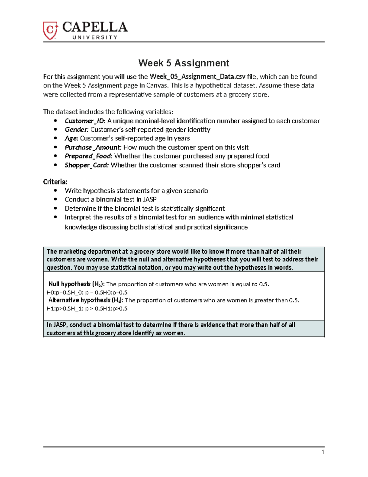 Cf PSYC3700 Week 5 Assignment: Binomial Test Hypothesis Analysis - Studocu