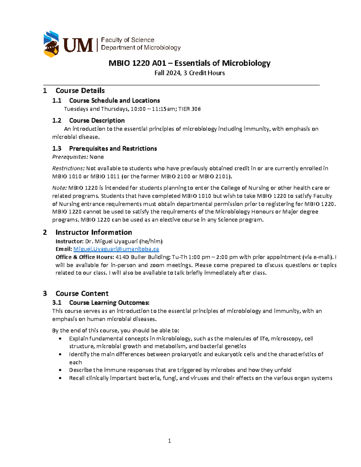 MBIO 1220 A01 Essentials of Microbiology Course Outline F24 MUD - Studocu