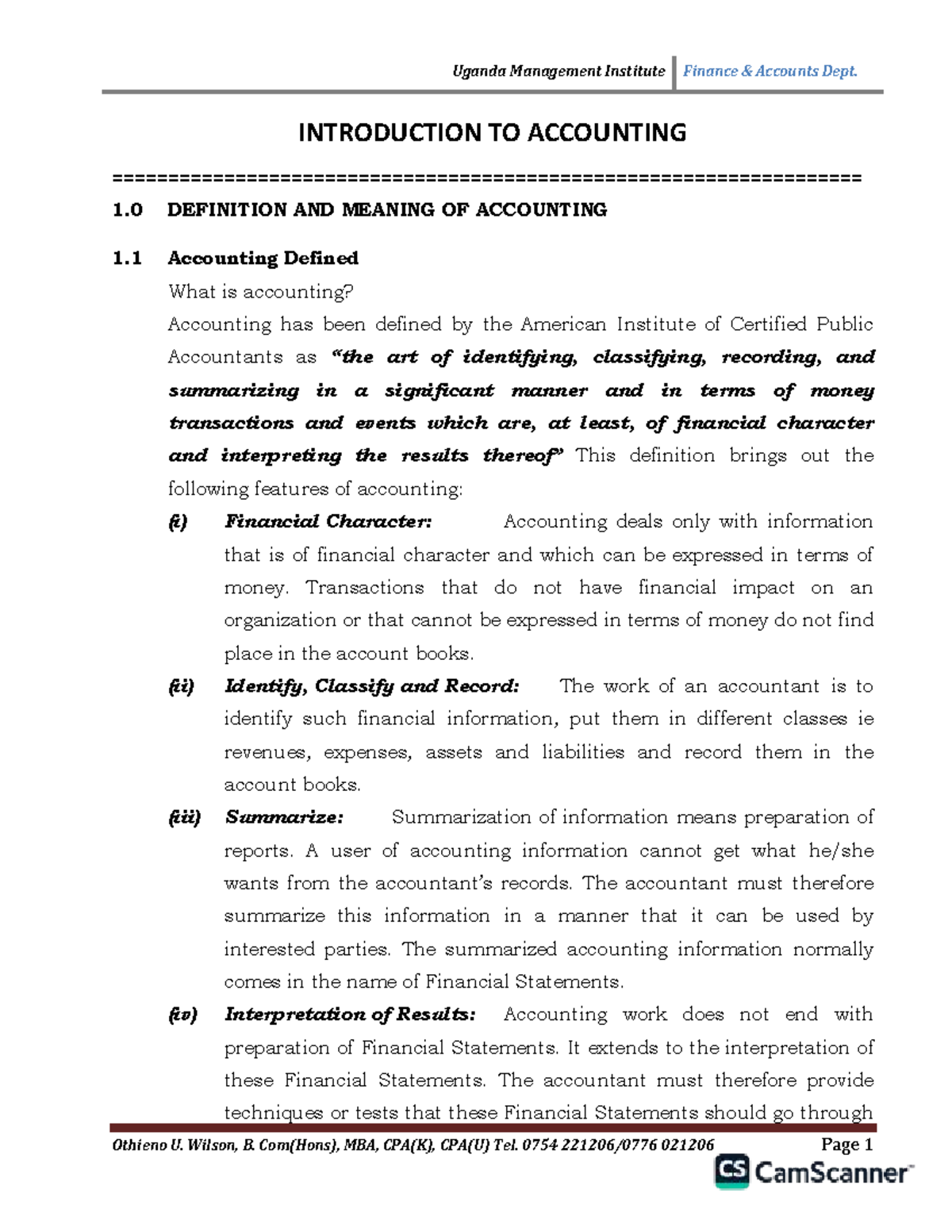 Introduction to Accounting (FIN 101) - Key Concepts and Principles ...
