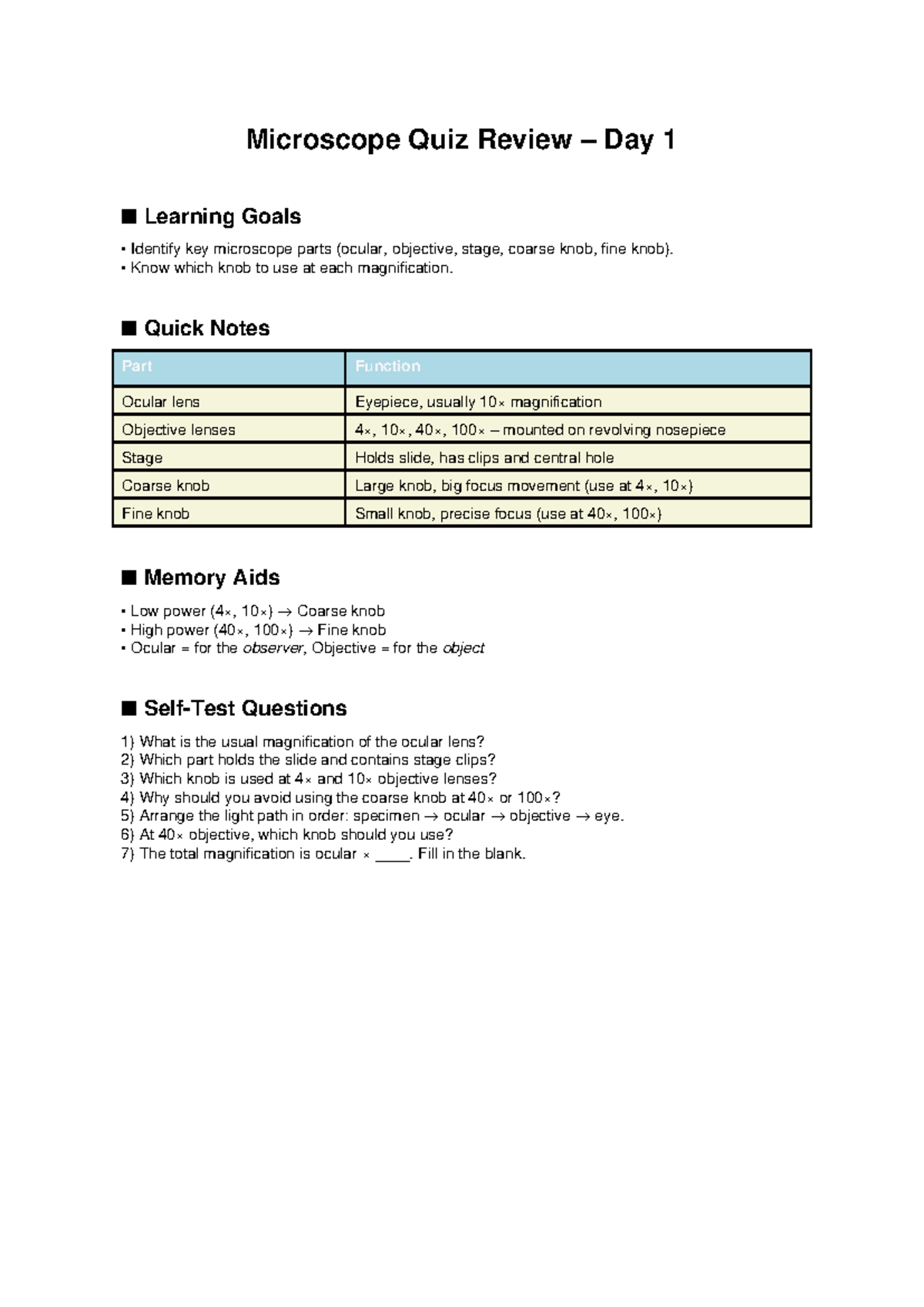 Microscope Quiz Review Day 1: Key Parts & Functions - Studocu