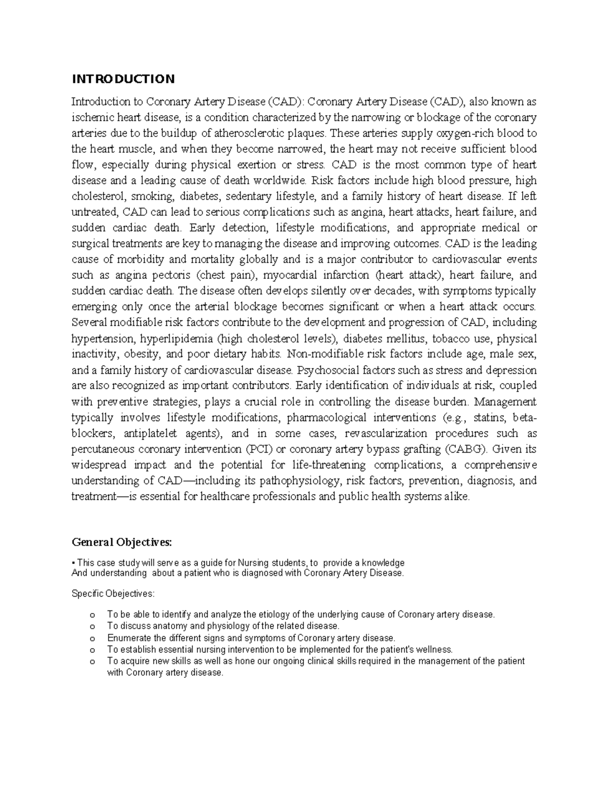 NURS 202: Intro & Objectives for Coronary Artery Disease (CAD) Case ...