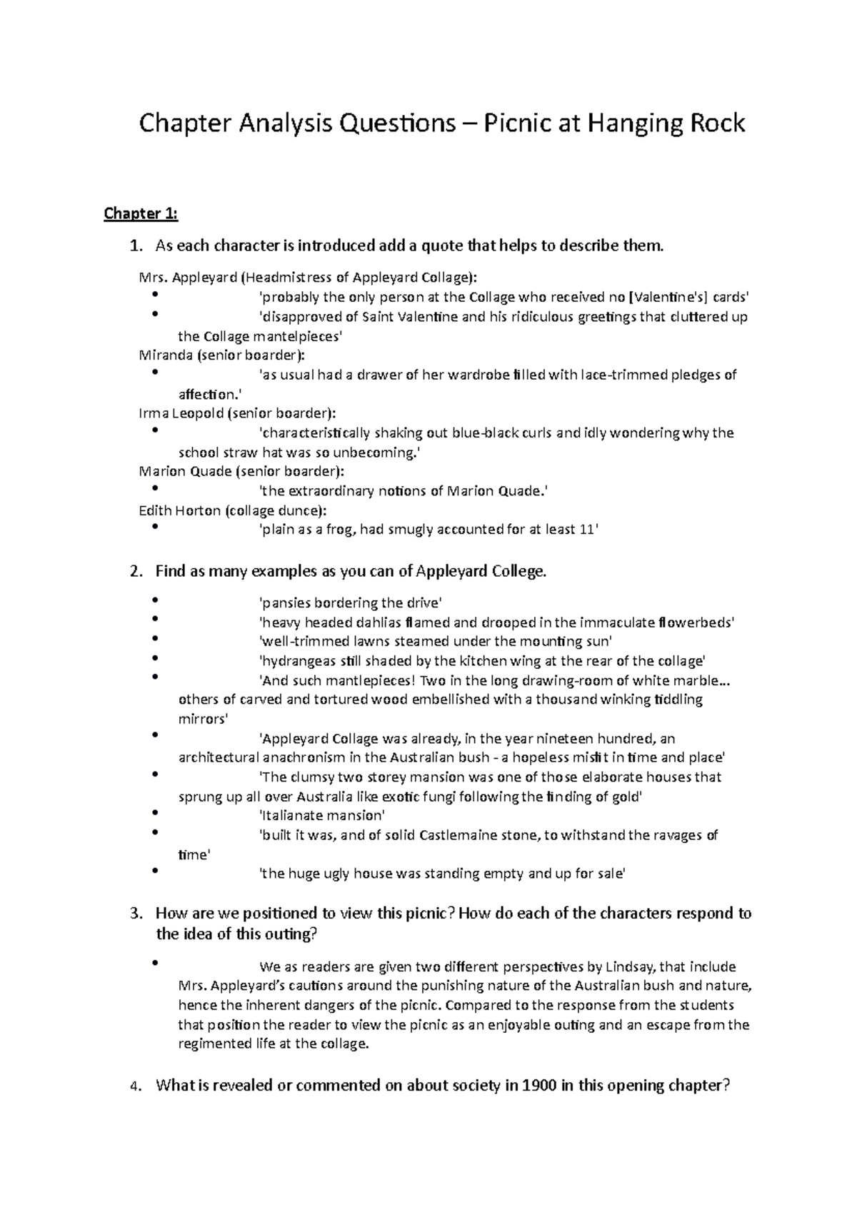 **Picnic at Hanging Rock (ENG102) - In-Depth Chapter Analysis Questions ...