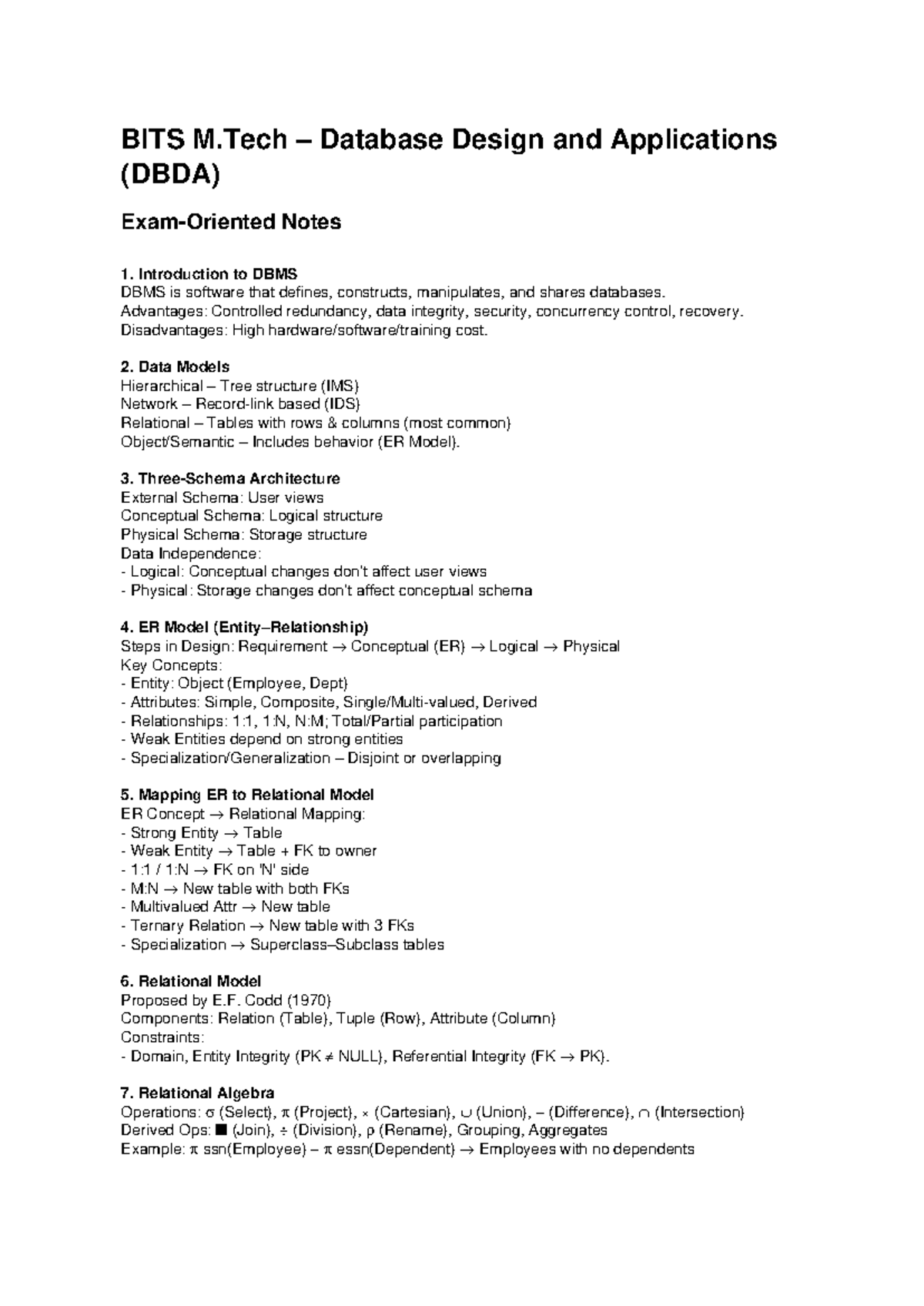 BITS M.Tech DBDA Final Exam Notes: DBMS, Data Models & ER Concepts ...