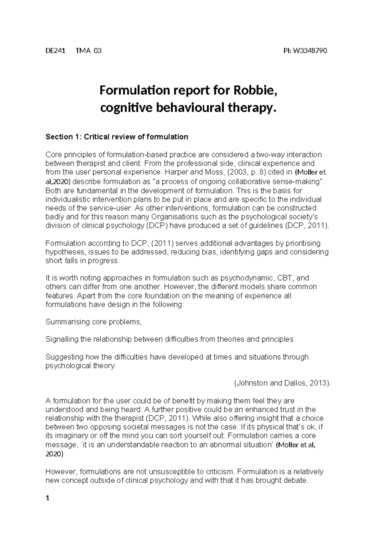DE241 TMA 03: Formulation Report on Robbie's Cognitive Behavioural ...