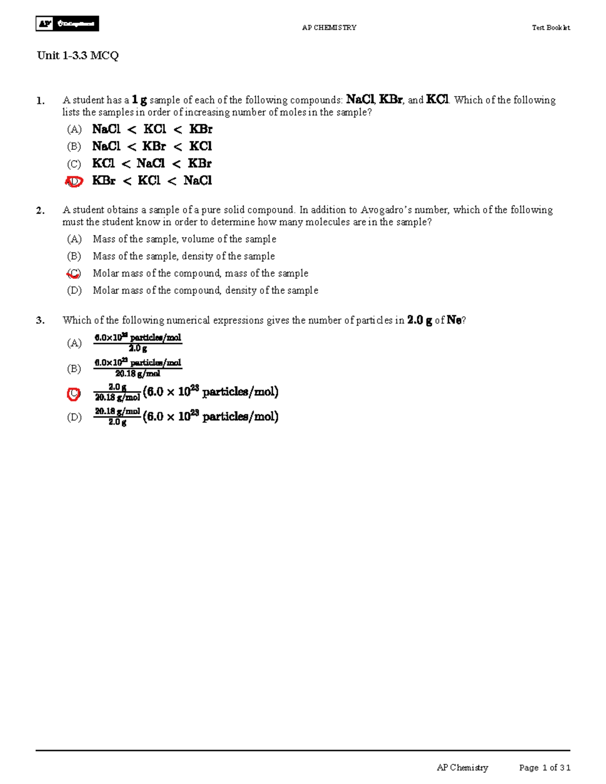 AP CHEMISTRY Unit 1 3.3 MCQ Quiz Test Booklet - Studocu