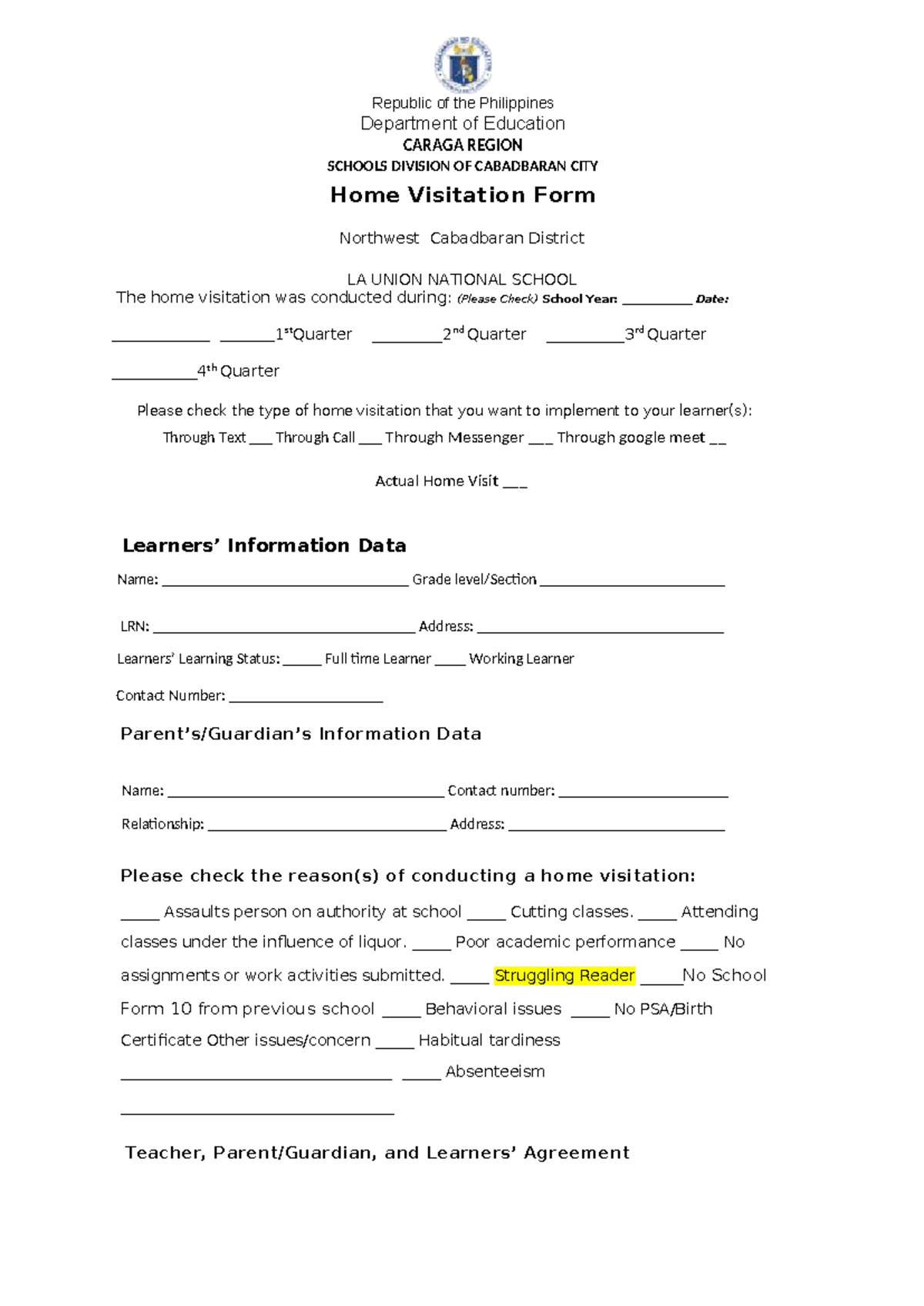 Home Visitation Form - LA UNION NATIONAL SCHOOL (HOME-5) - Studocu