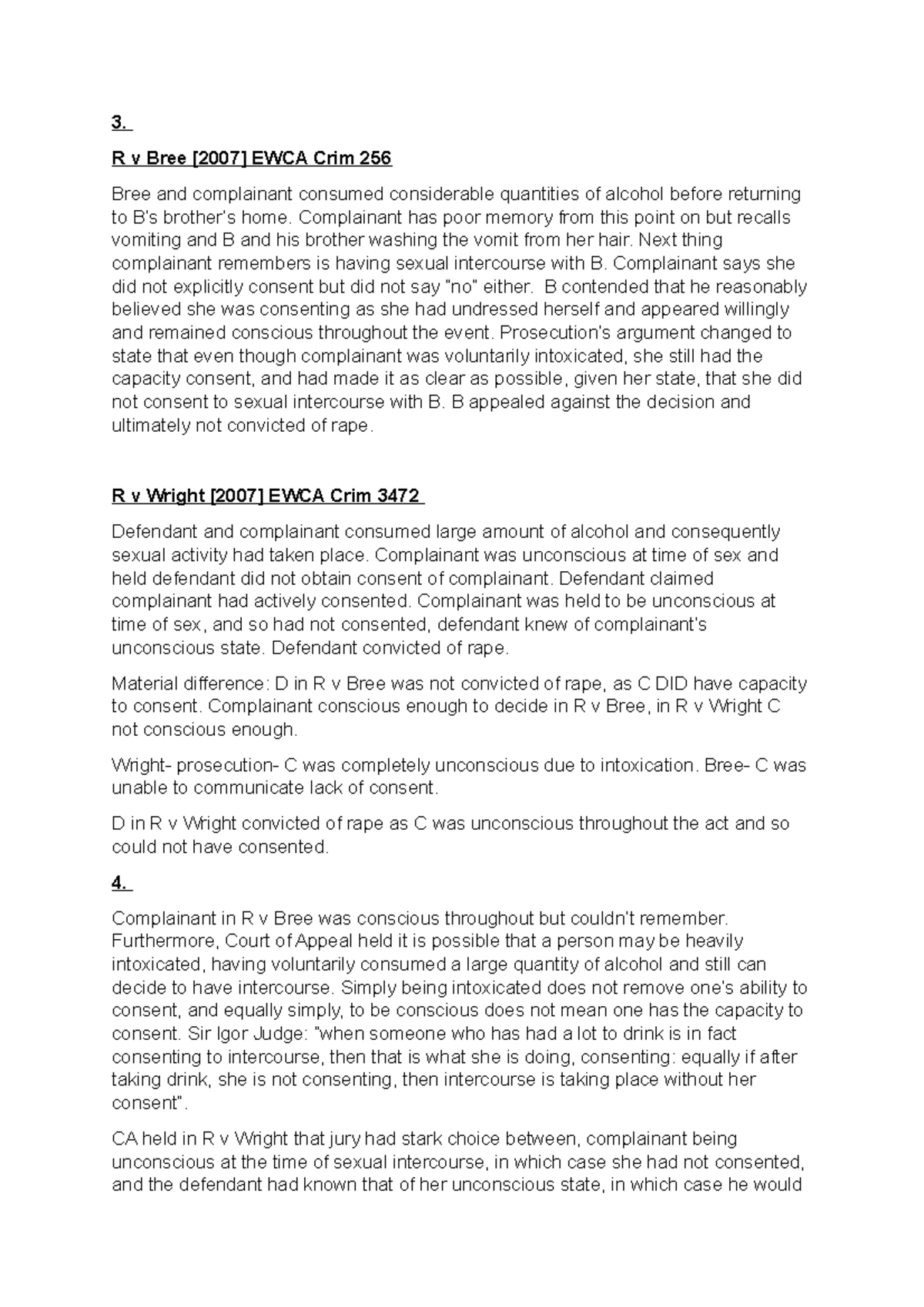 Prep Task 1 Case Summaries: R v Bree & R v Wright Analysis - Studocu