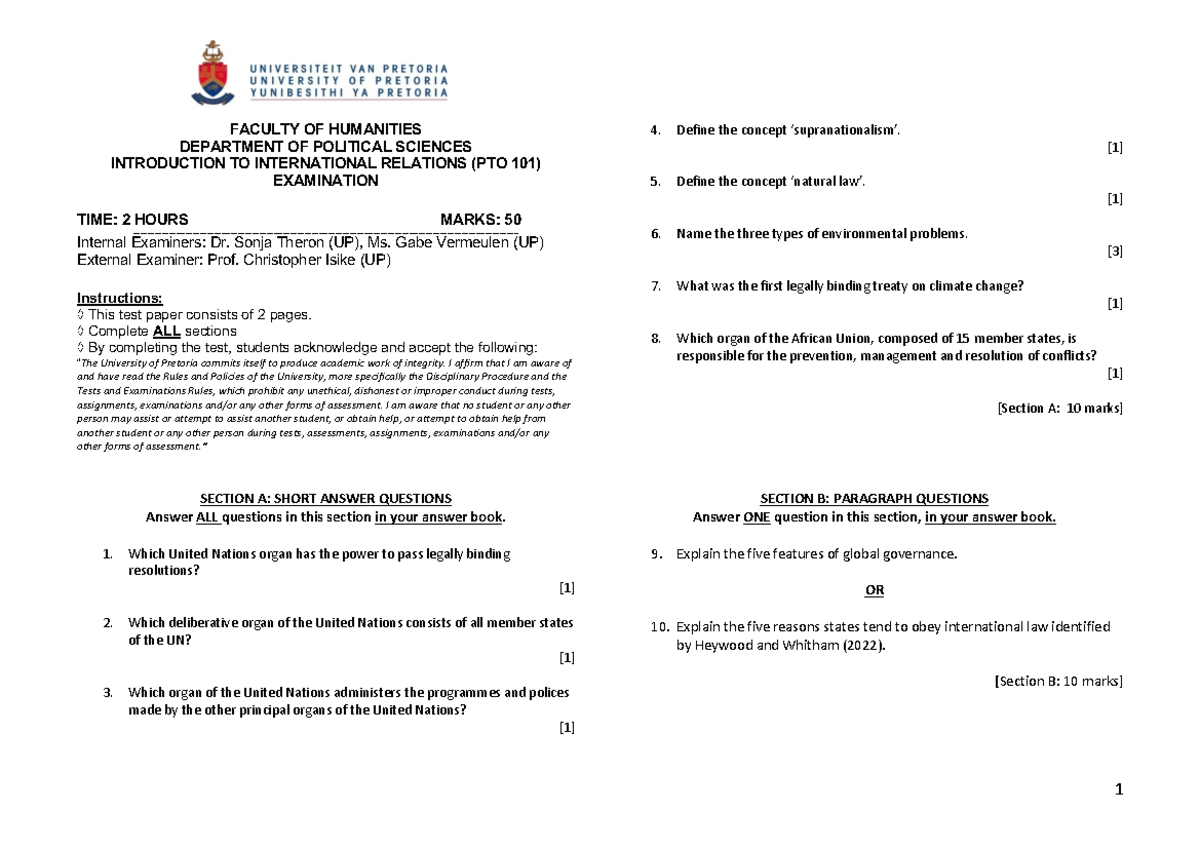 PTO 101 2023 International Relations Exam Questions and Instructions ...