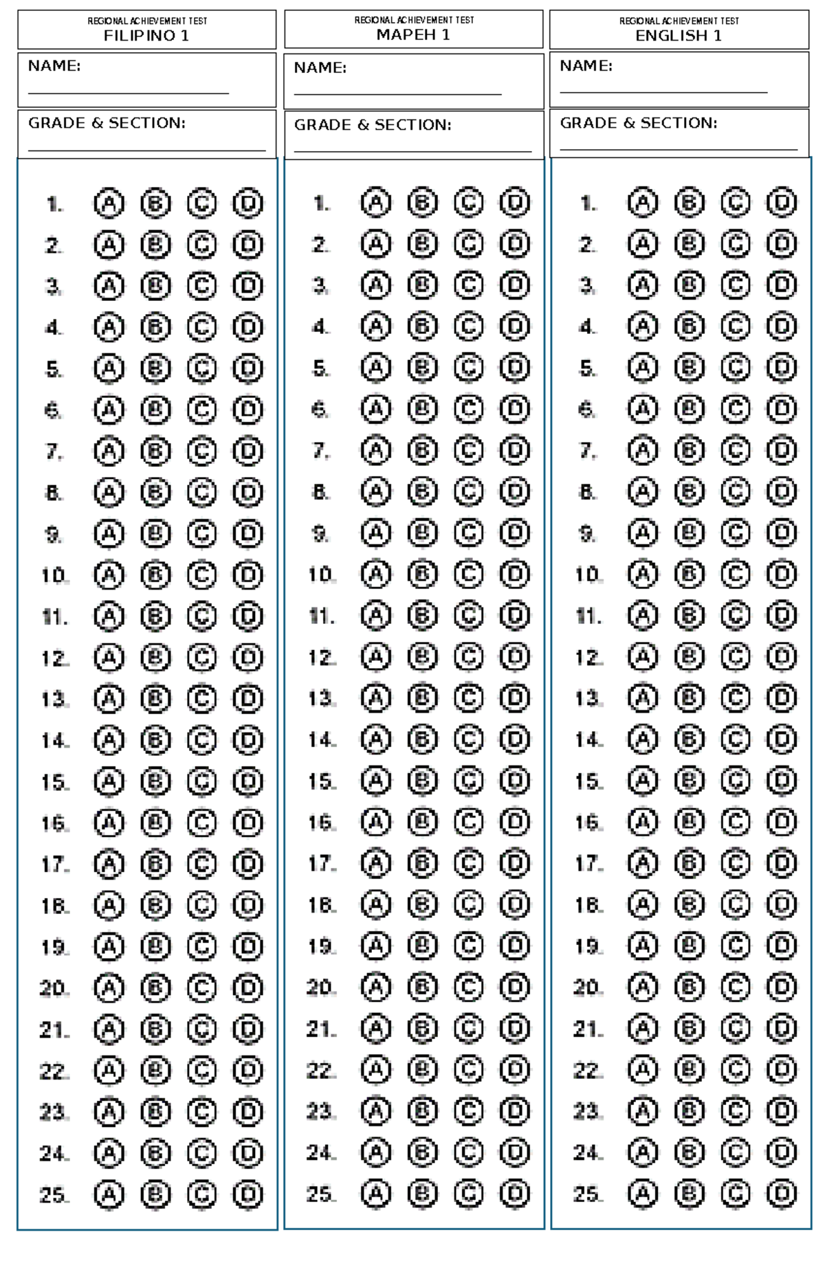 Answersheet - Grade 1 Answer Sheet in All Subjects - REGIONAL ...