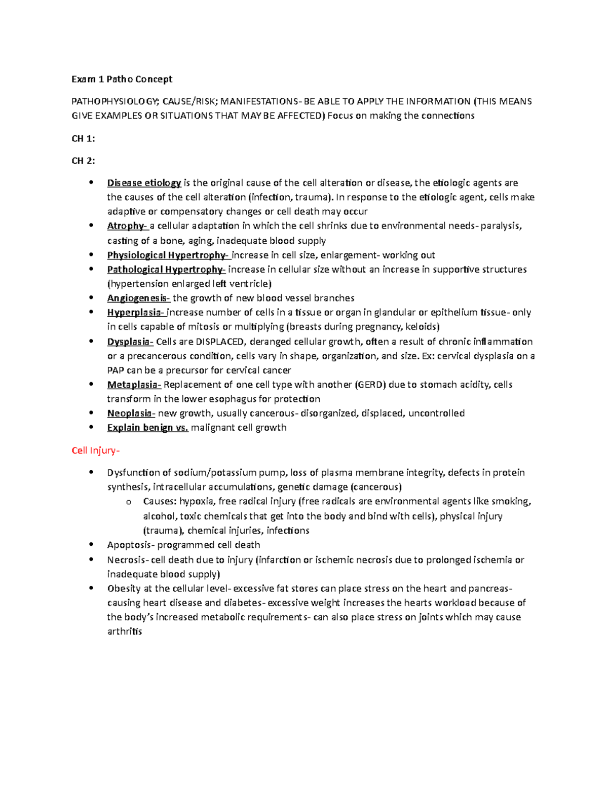 Patho Exam 1 Review: Key Concepts and Manifestations Overview - Studocu