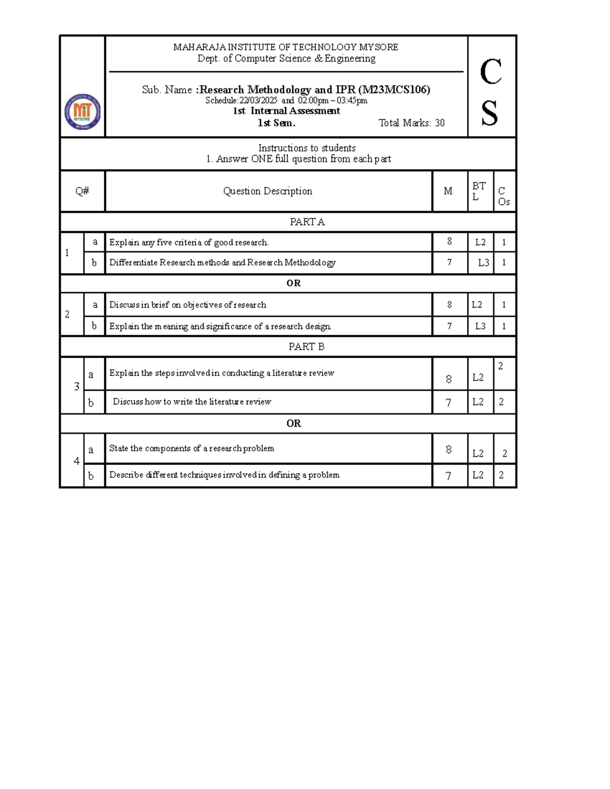 M23MCS106 Research Methodology & IPR - 1st Internal Assessment - Studocu