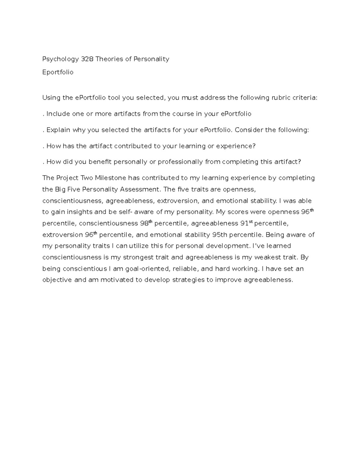 Psychology 328 Eportfolio Reflection on Theories of Personality - Studocu