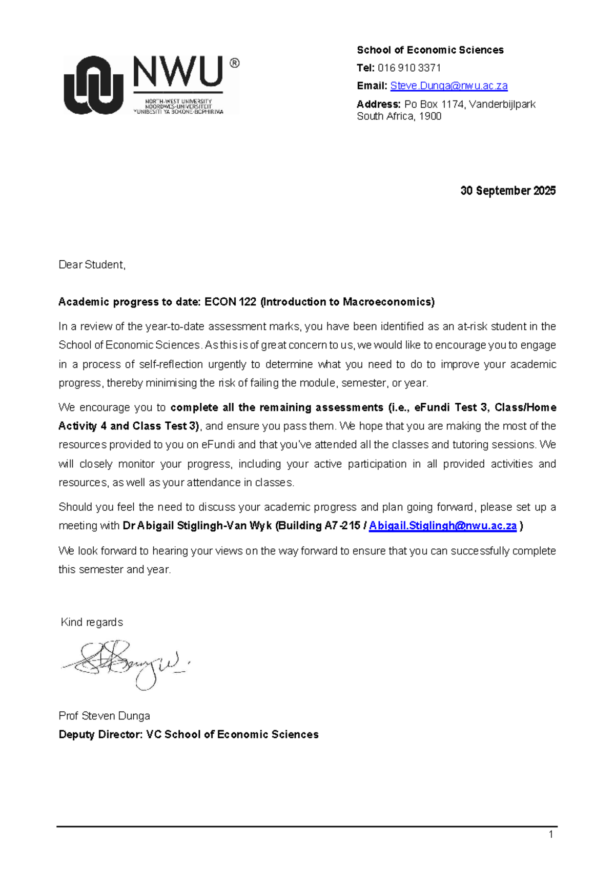 ECON 122 At Risk Letter - Important Academic Guidance - Studocu