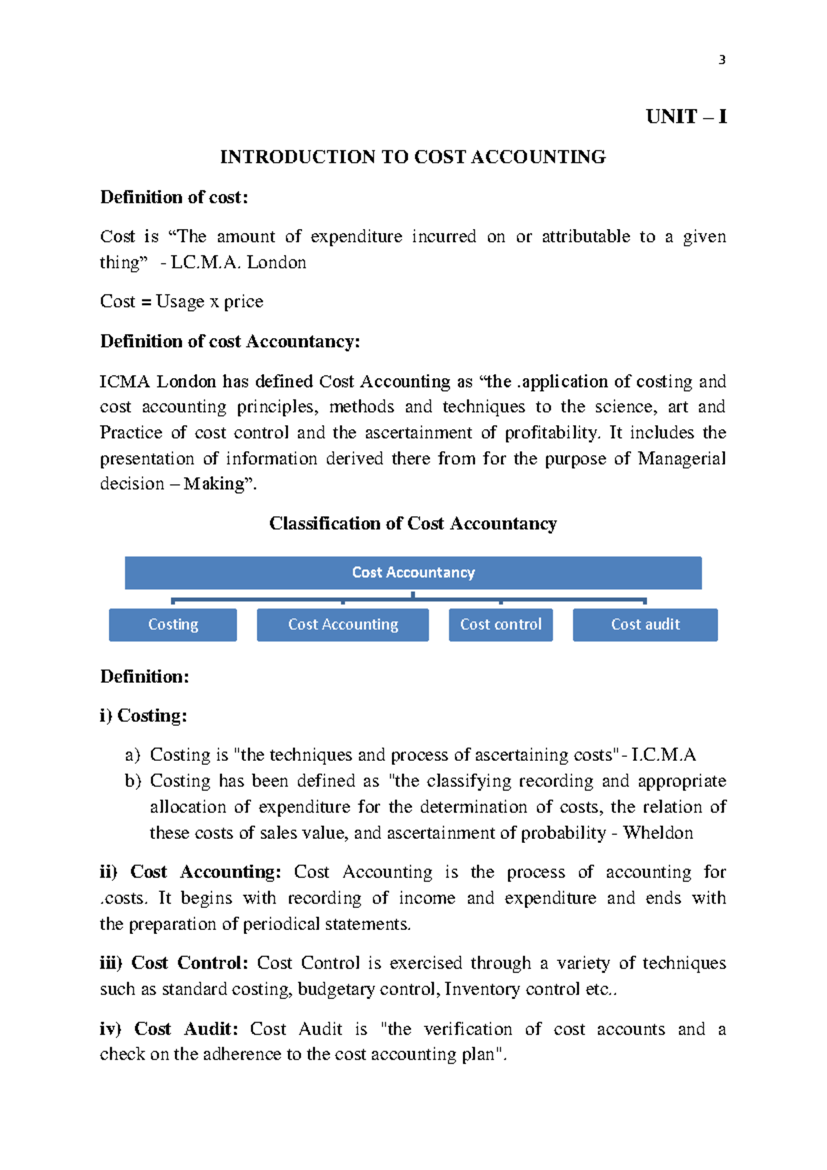 Bcom 2nd year cost accounting unit 1 - UNIT – I INTRODUCTION TO COST ACCOUNTING Definition of ...