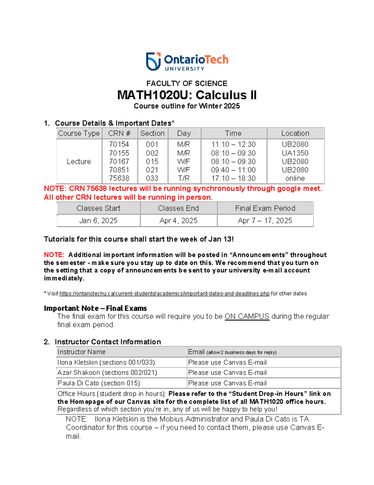MATH1020U: Calculus II Course Outline for Winter 2025 Semester - Studocu