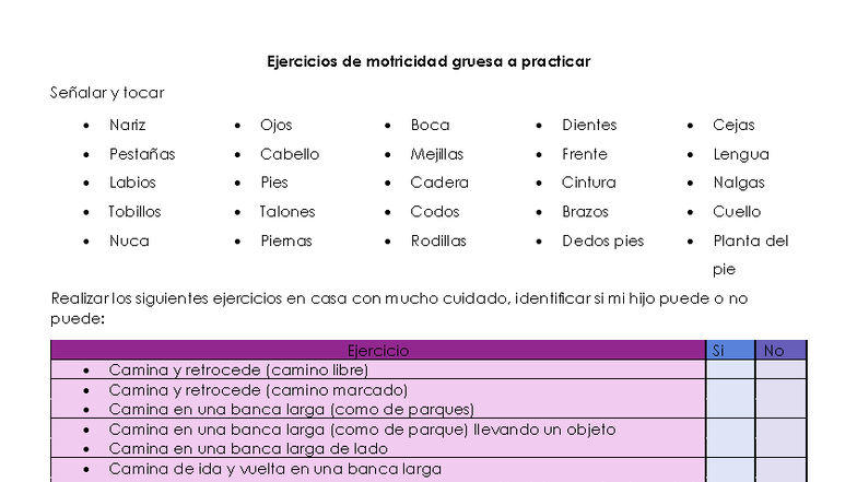 Guía de Ejercicios de Motricidad Gruesa para Practicar en Casa - Studocu