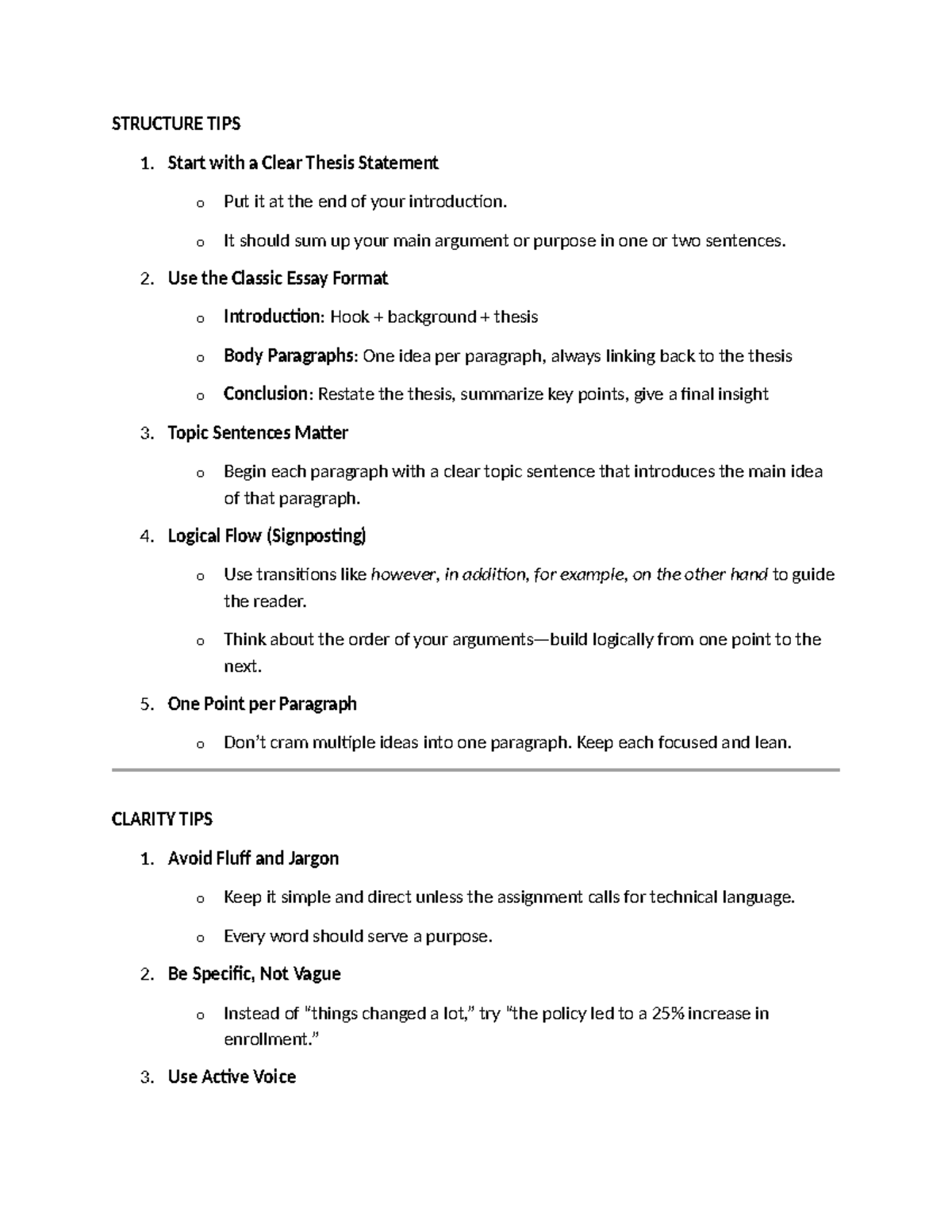 Essay Structure TIPS - STRUCTURE TIPS 1. Start with a Clear Thesis ...