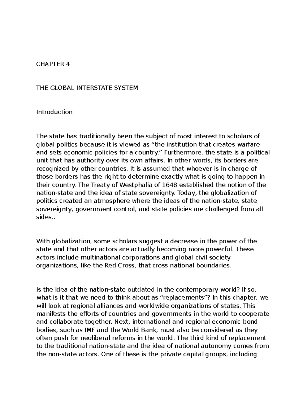 CHAPTER 4: THE GLOBAL INTERSTATE SYSTEM IN CONTEMPORARY WORLD - Studocu