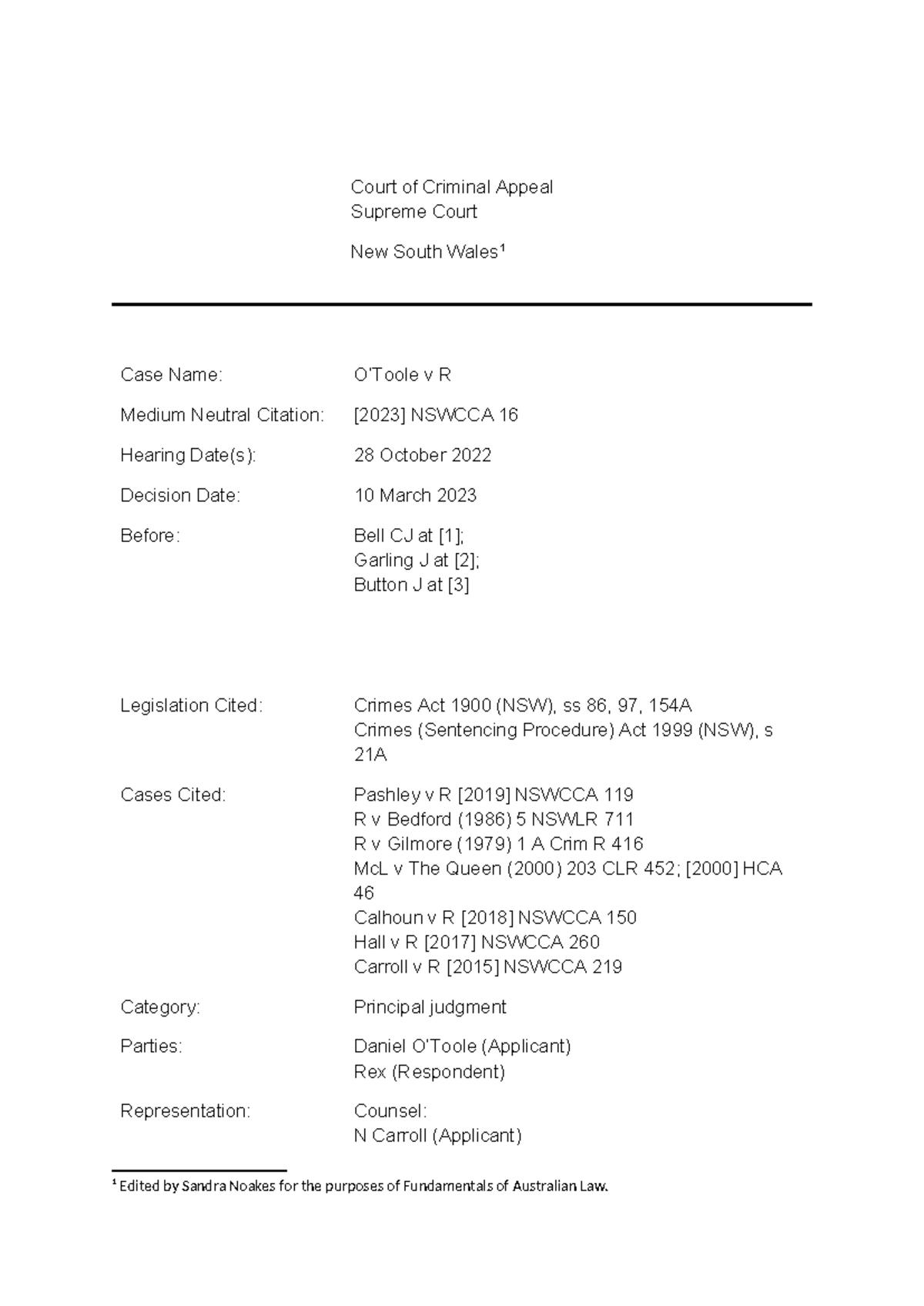 O'Toole v R (JD) - case summary and appeal analysis in NSWCCA 16 - Studocu