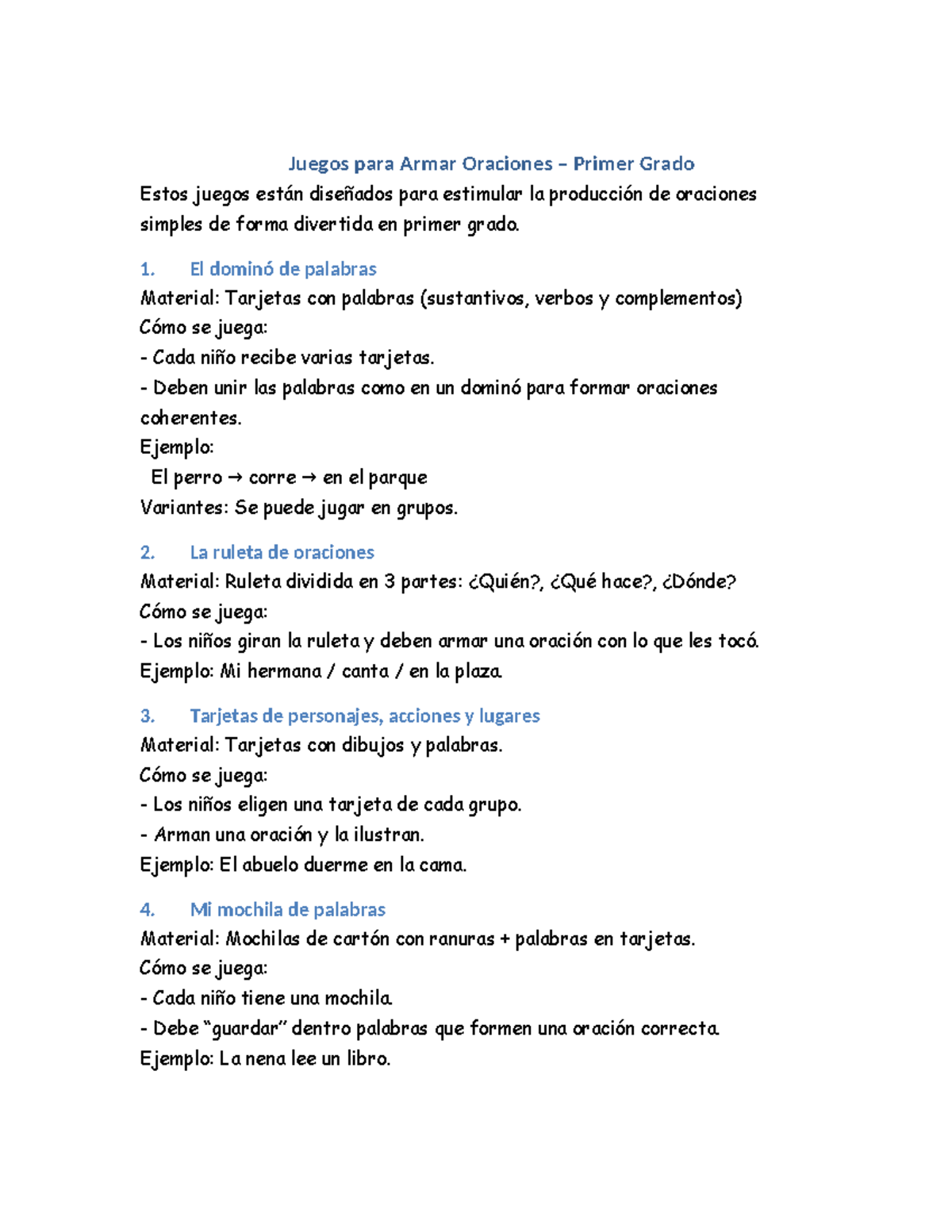 Juegos Divertidos para Armar Oraciones - Primer Grado - Studocu