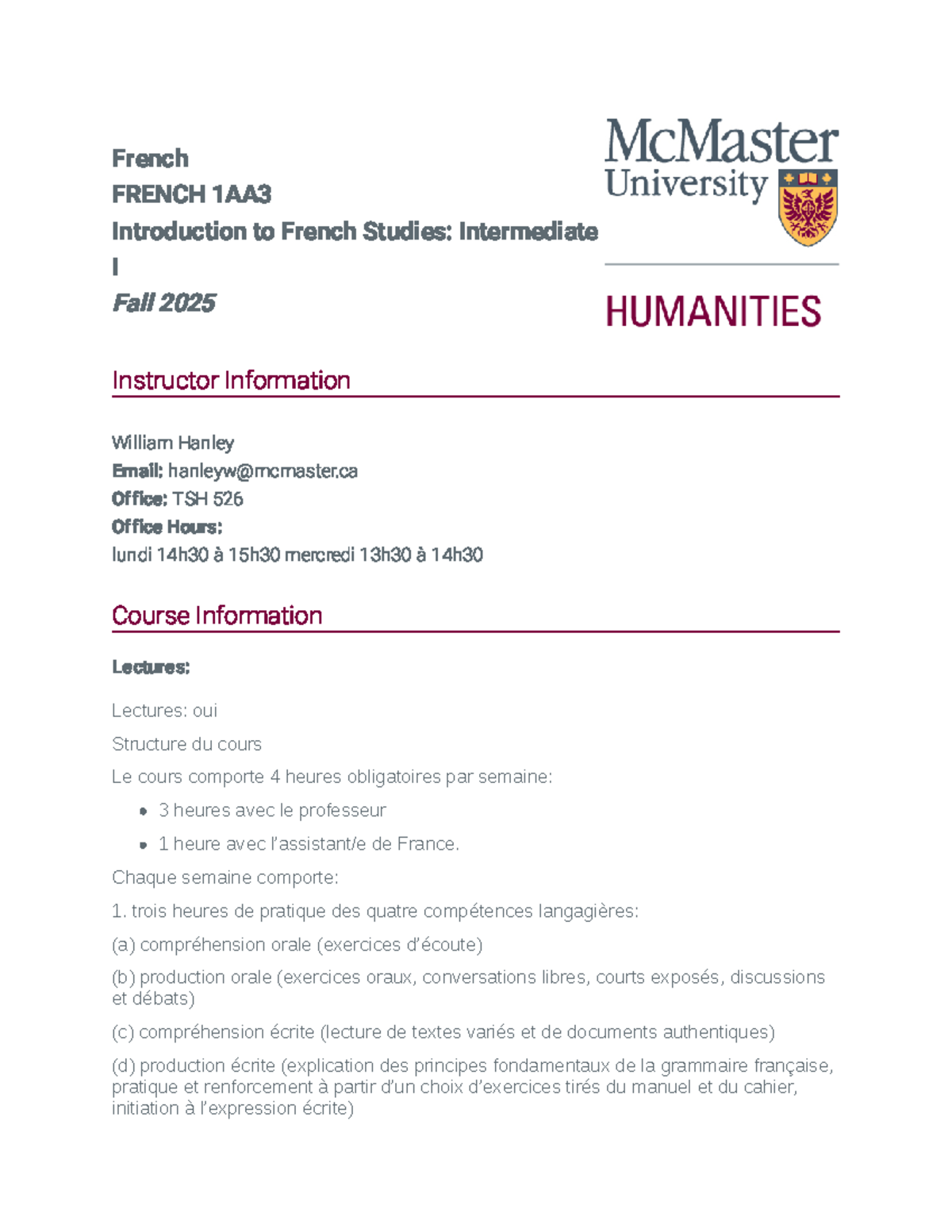 FRENCH 1AA3: Introduction to French Studies - Intermediate I (Fall 2025 ...