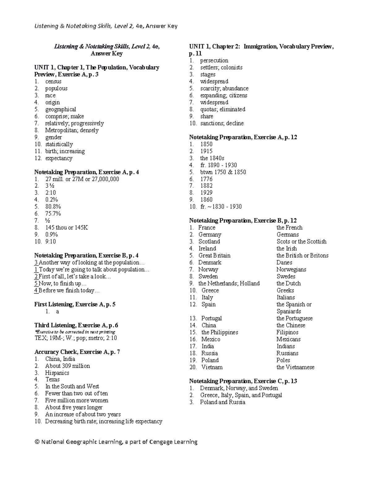 Answer Listening: Note Taking Skills - Level 2, Unit 1-4 - Studocu