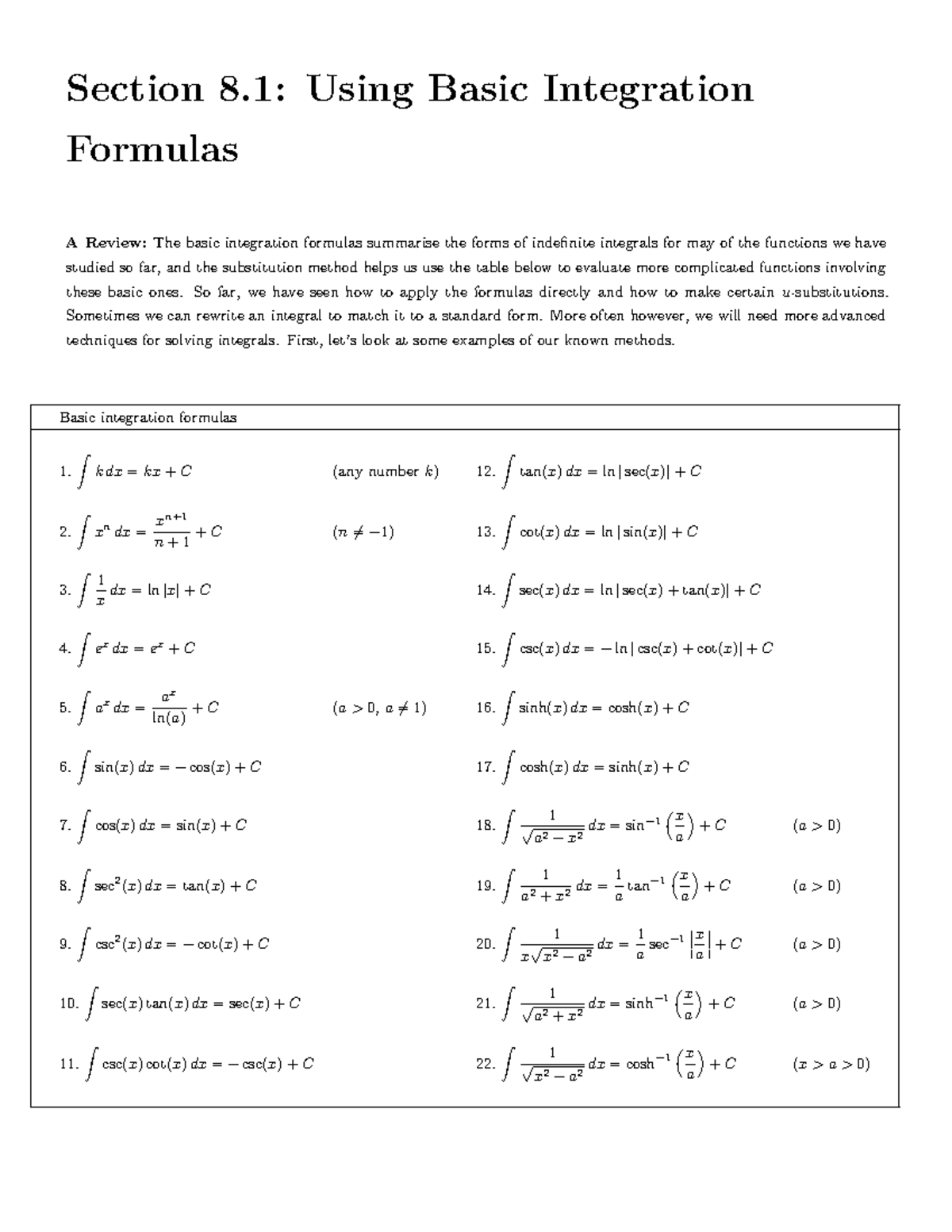 MATH 142: Section 8.1-8.5 Integration Techniques Review Notes - Studocu