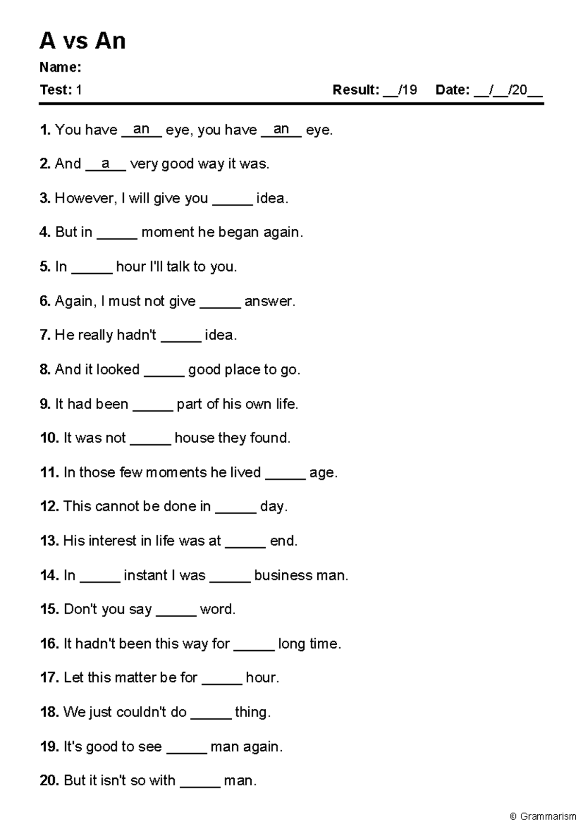 A vs An Grammar Test 1 - Practice Questions 1572873 - Studocu
