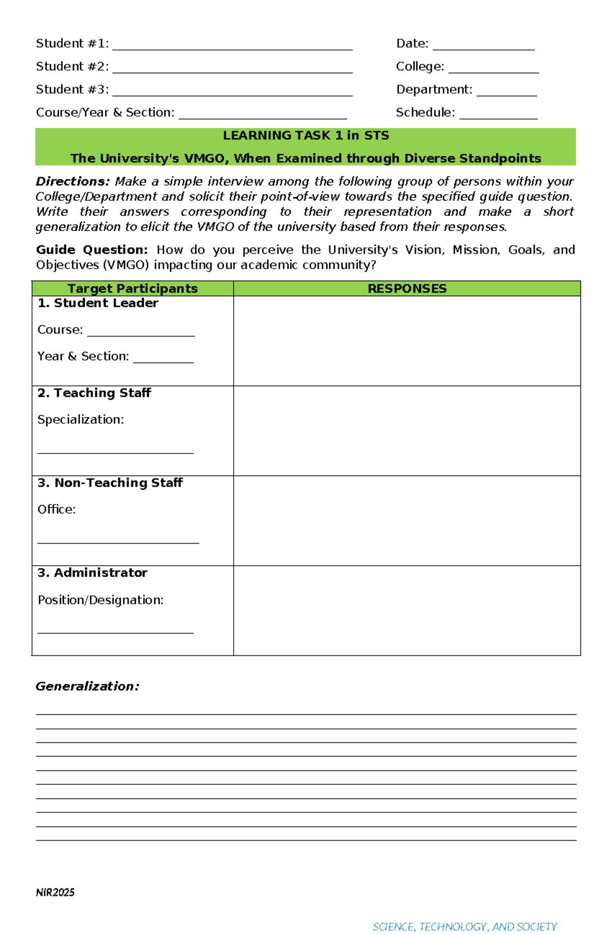 STS Learning Task 1 VMGO - SCIENCE, TECHNOLOGY, AND SOCIETY Student #1 ...