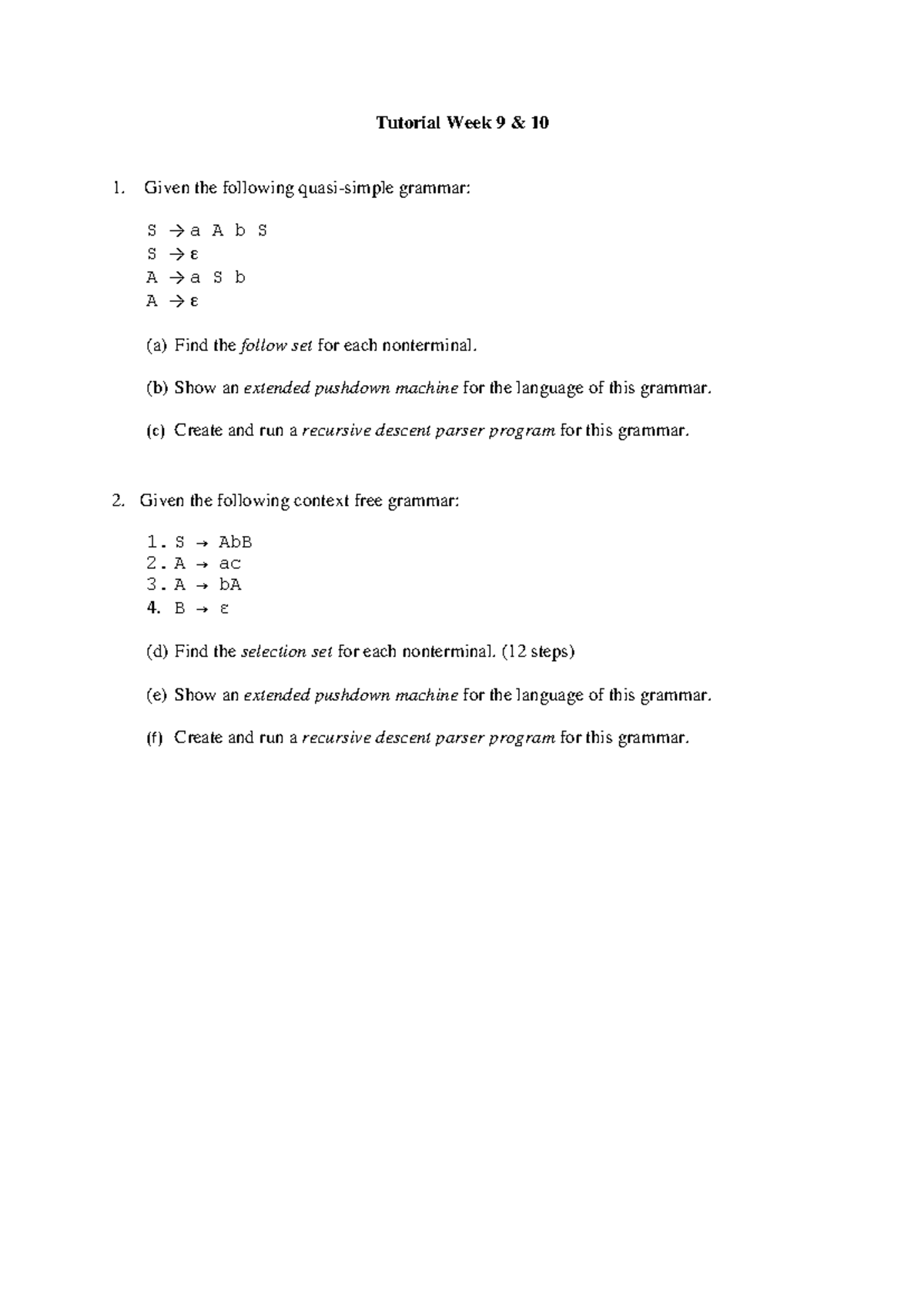 Tutorial Week 9 & 10: Grammar Analysis & Parser Implementation - Studocu