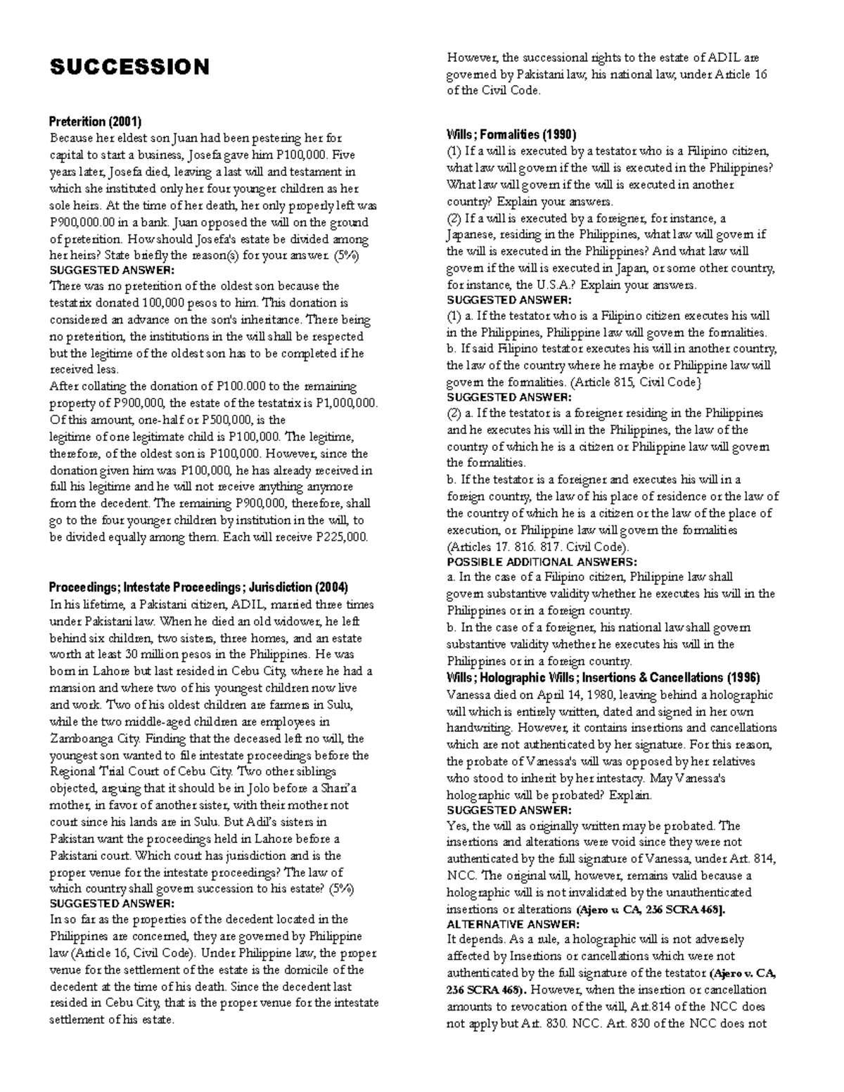 Succession Law Case Studies: Preterition, Intestate, and Wills (CIVIL ...